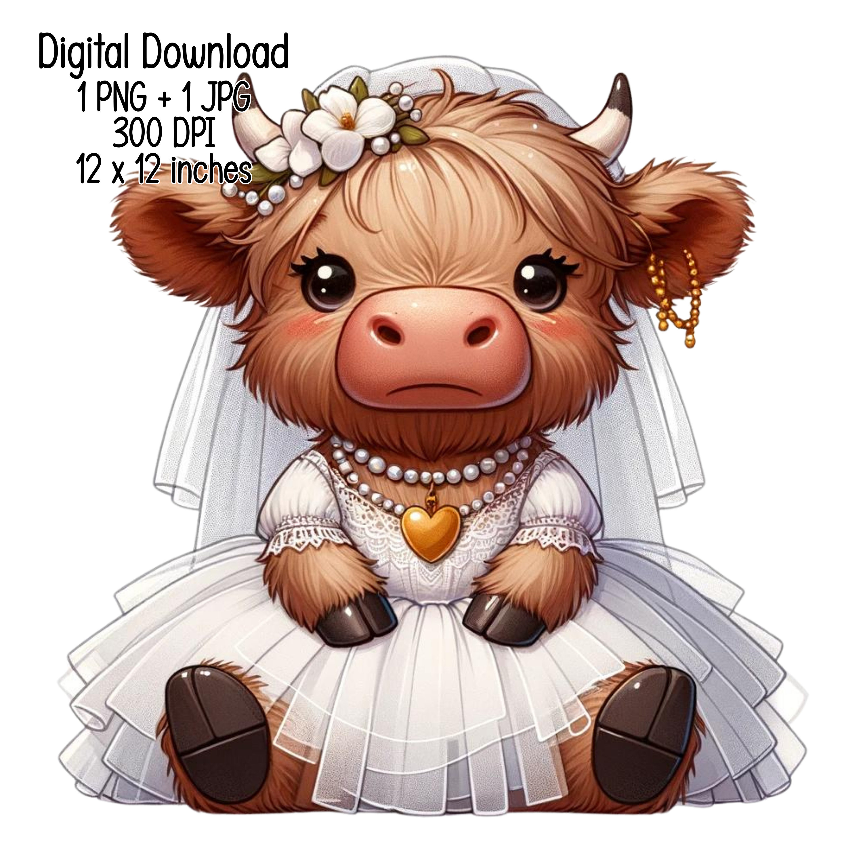 Cute Highland Cow Bride in Wedding Dress Clipart Commercial Use ...