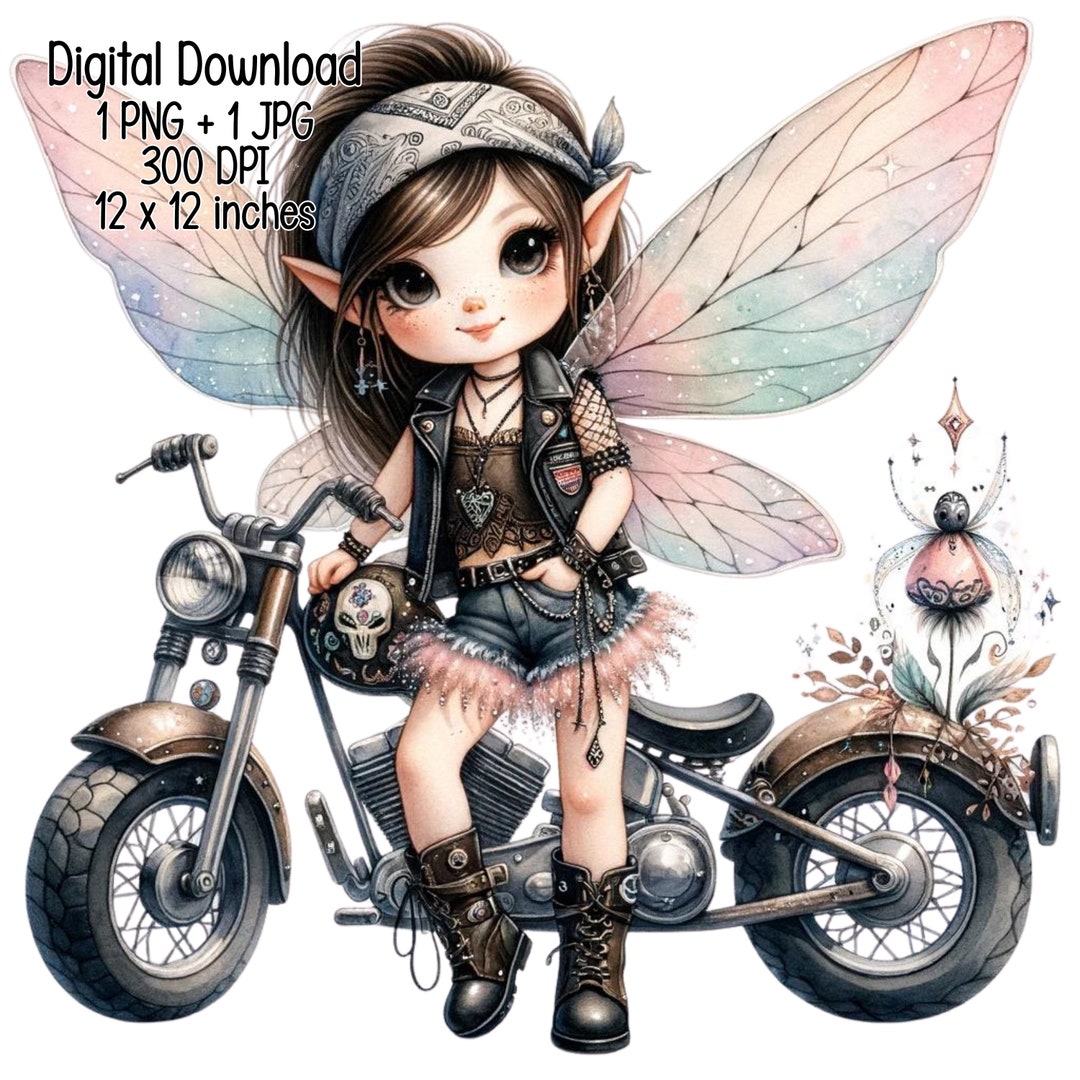 2 Biker Fairy With Bike Watercolor Clipart Whimsical Drawing Commercial ...