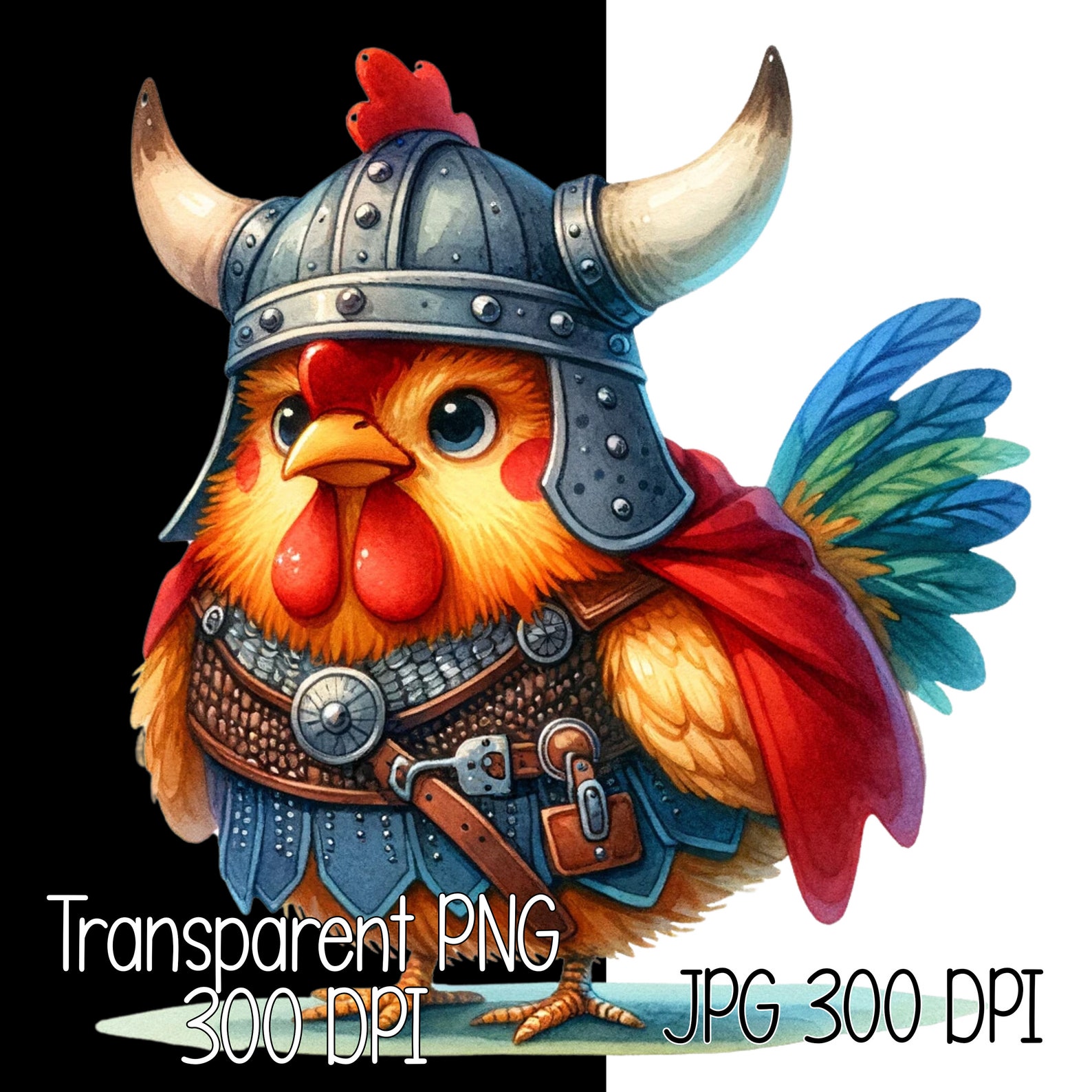 Chicken Viking, Funny Rooster Viking Watercolor Clipart Commercial Use ...