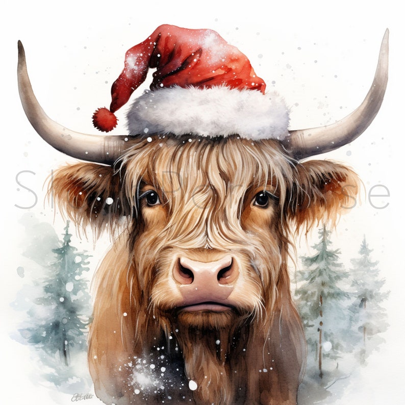 18 JPG Christmas Highland Cow Watercolor Clipart Digital Download ...