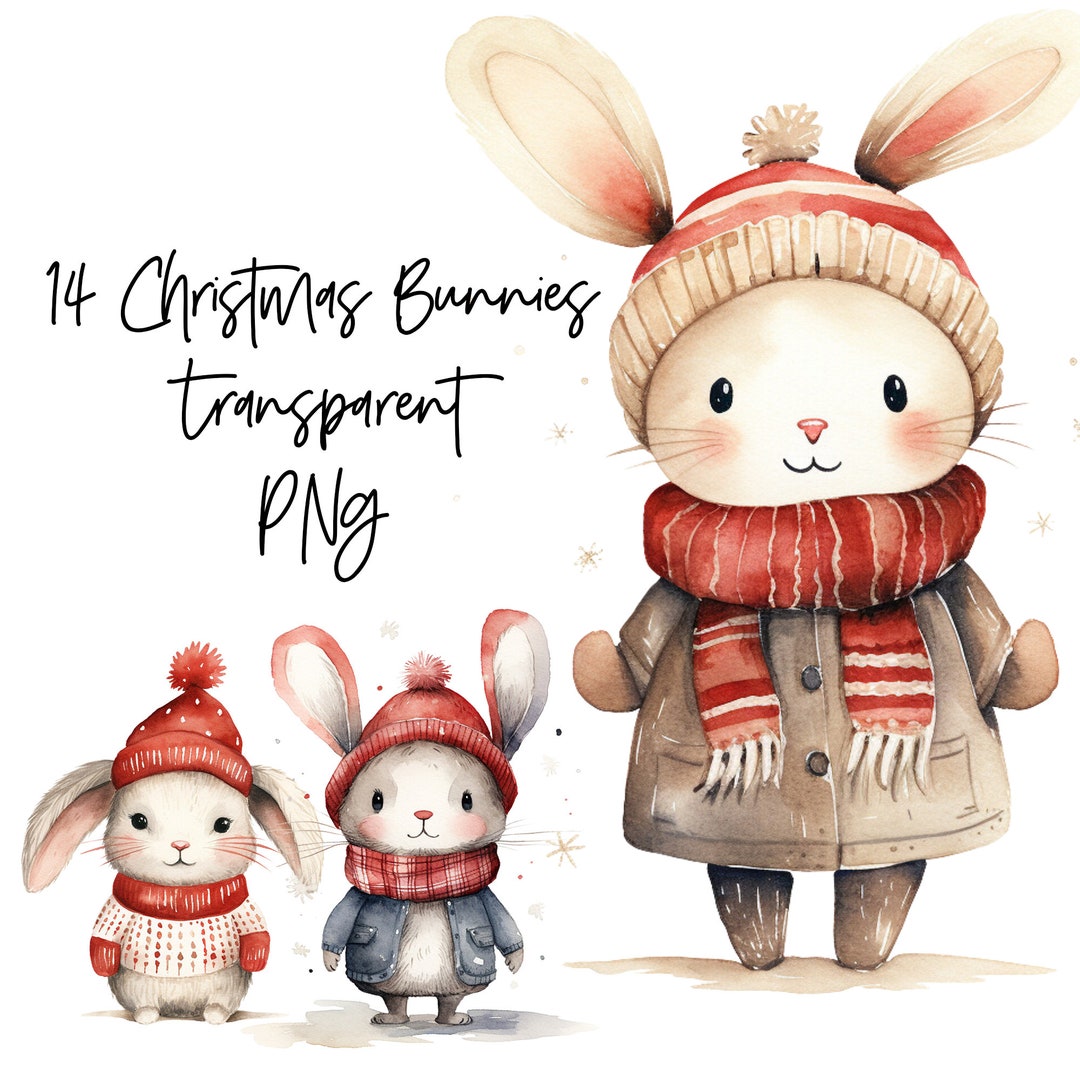 14 PNG Christmas Bunny Transparent Watercolor Clipart Digital Download ...