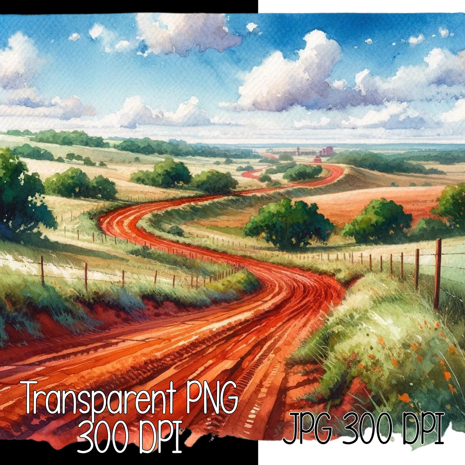 Texas Red Dirt Road Watercolor Illustrations Clipart Commercial Use ...