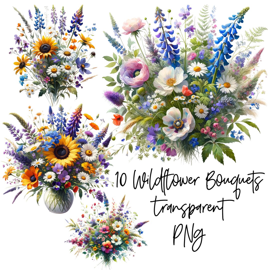 10 PNG Wildflower Bouquets Transparent Watercolor Clipart Digital ...