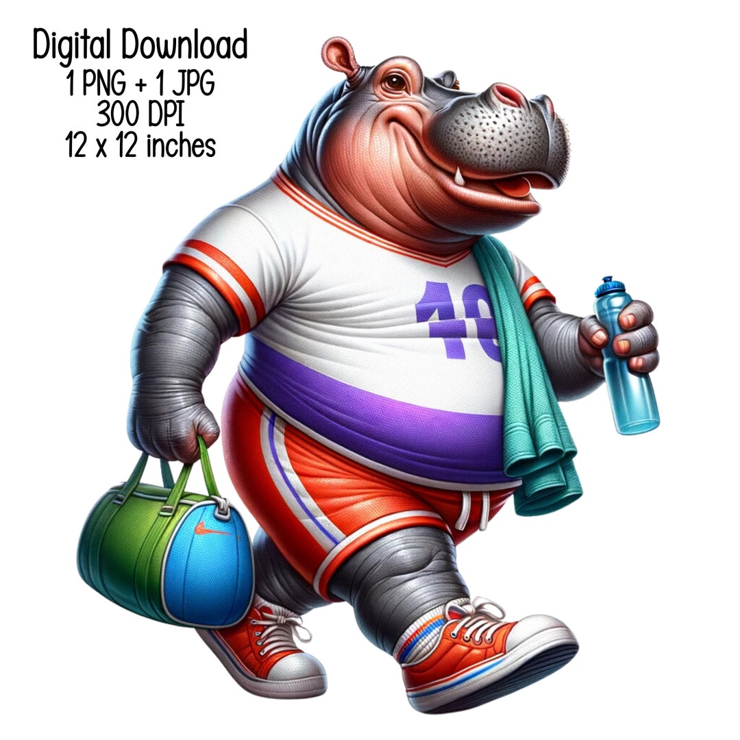 Hippo in Gym, Sports Hipopotamus Watercolor Clipart Commercial Use ...