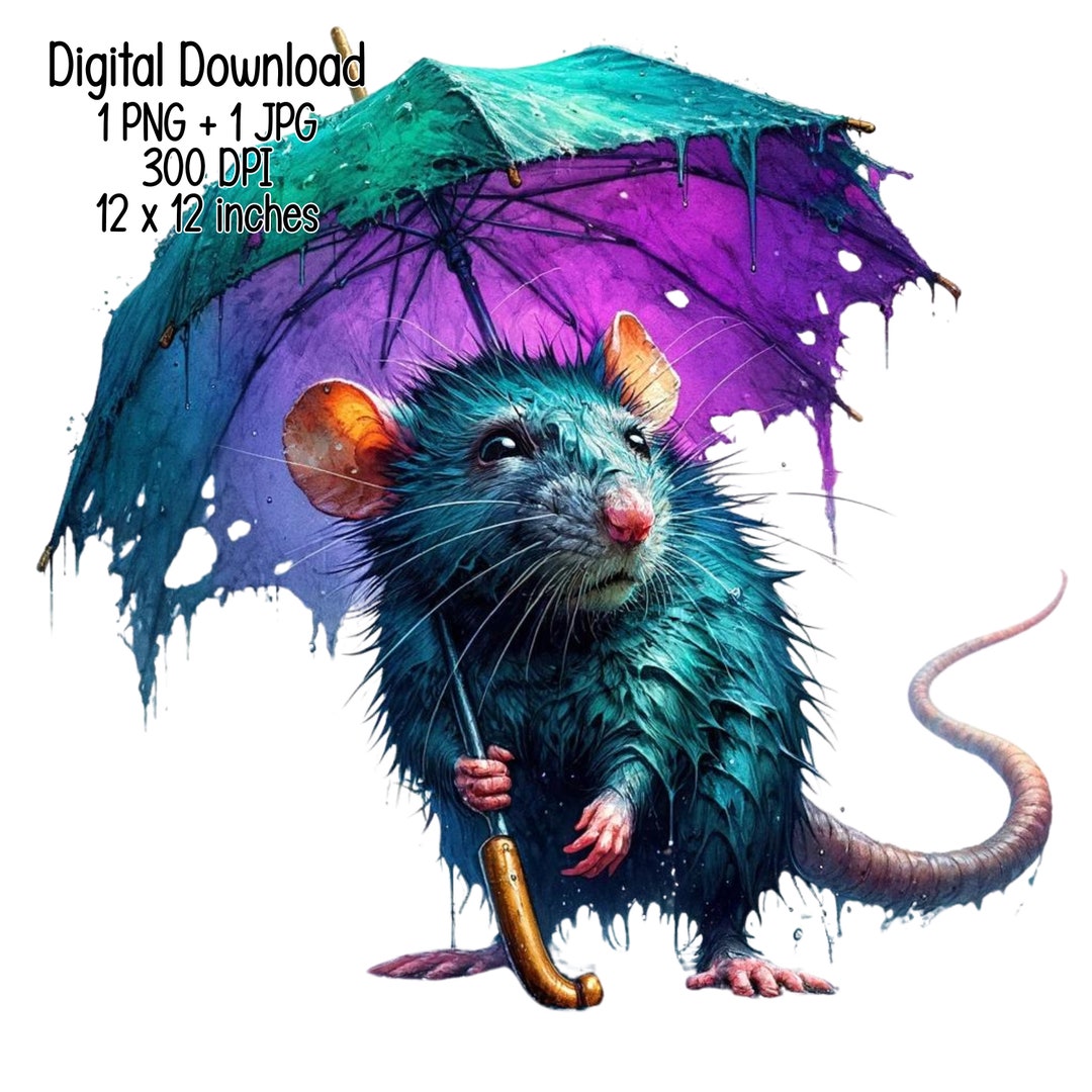 Wet Rat With Umbrella Digital Download Rain Melancholy Illustration ...