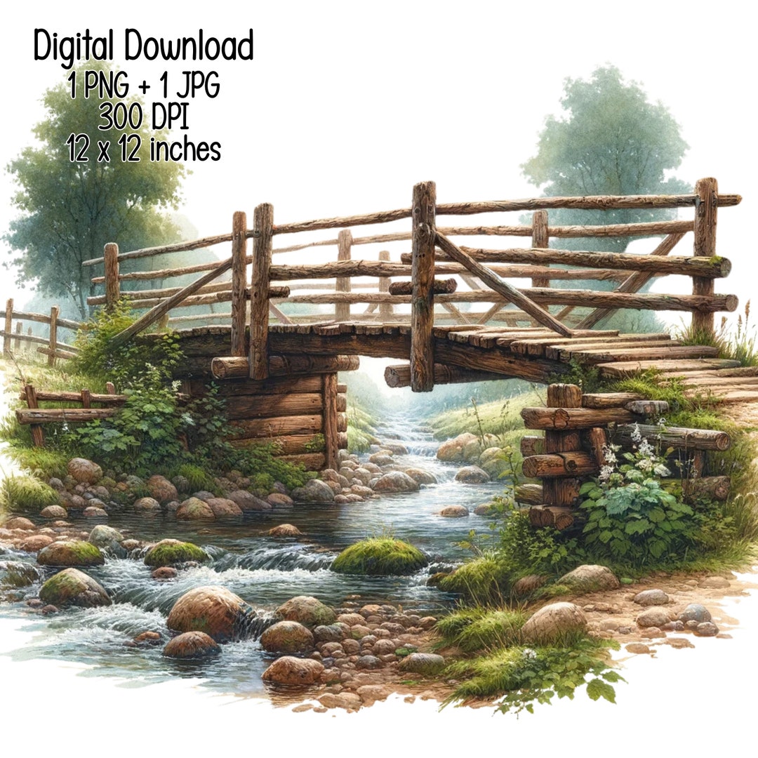 Rustic Wooden Bridge Over Stream Watercolor Clipart Commercial Use ...
