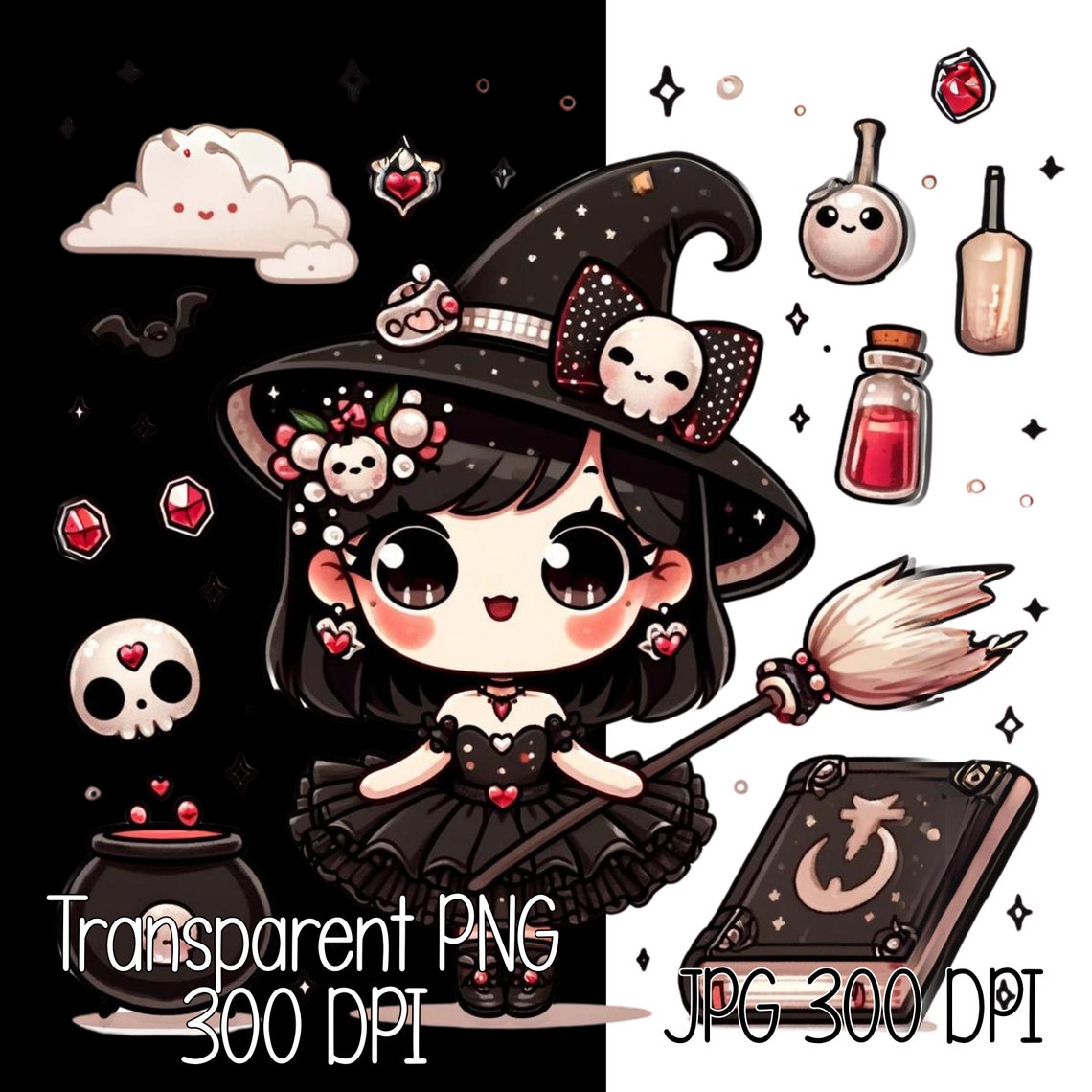 Cute Adorable Witch Digital Download, Witch Elements Illustration ...