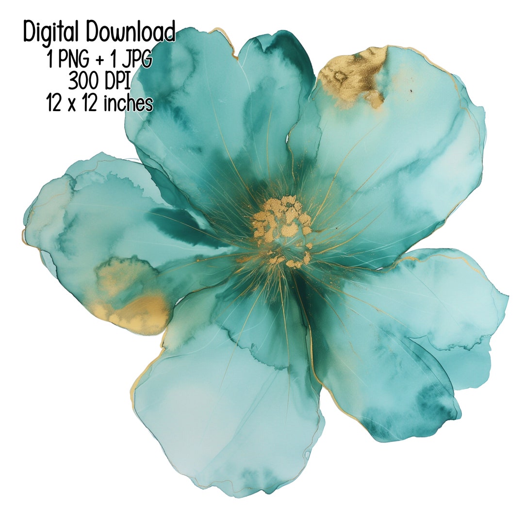 2 Abstract Flowers Clipart, Turquoise Gold Flower, Flowers Print ...