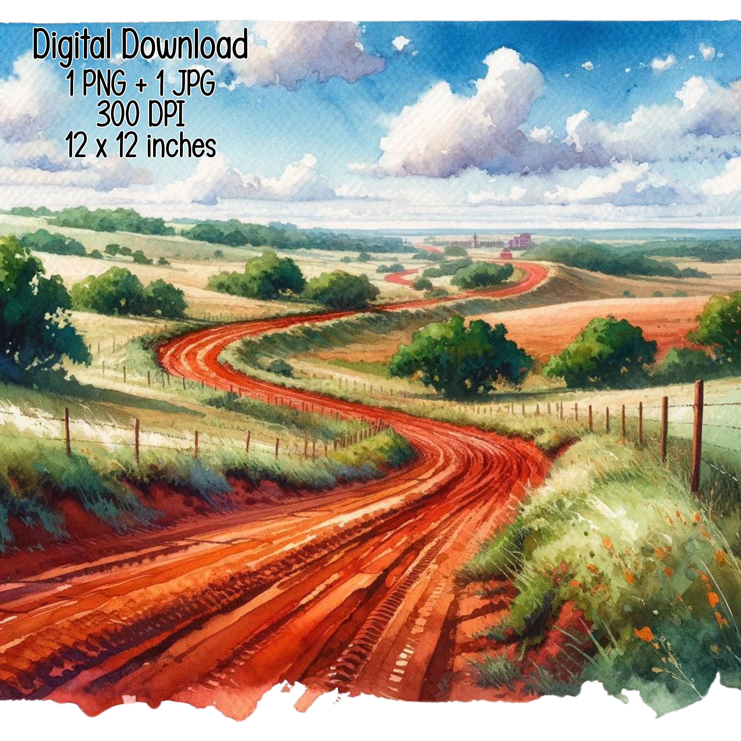 Texas Red Dirt Road Watercolor Illustrations Clipart Commercial Use ...