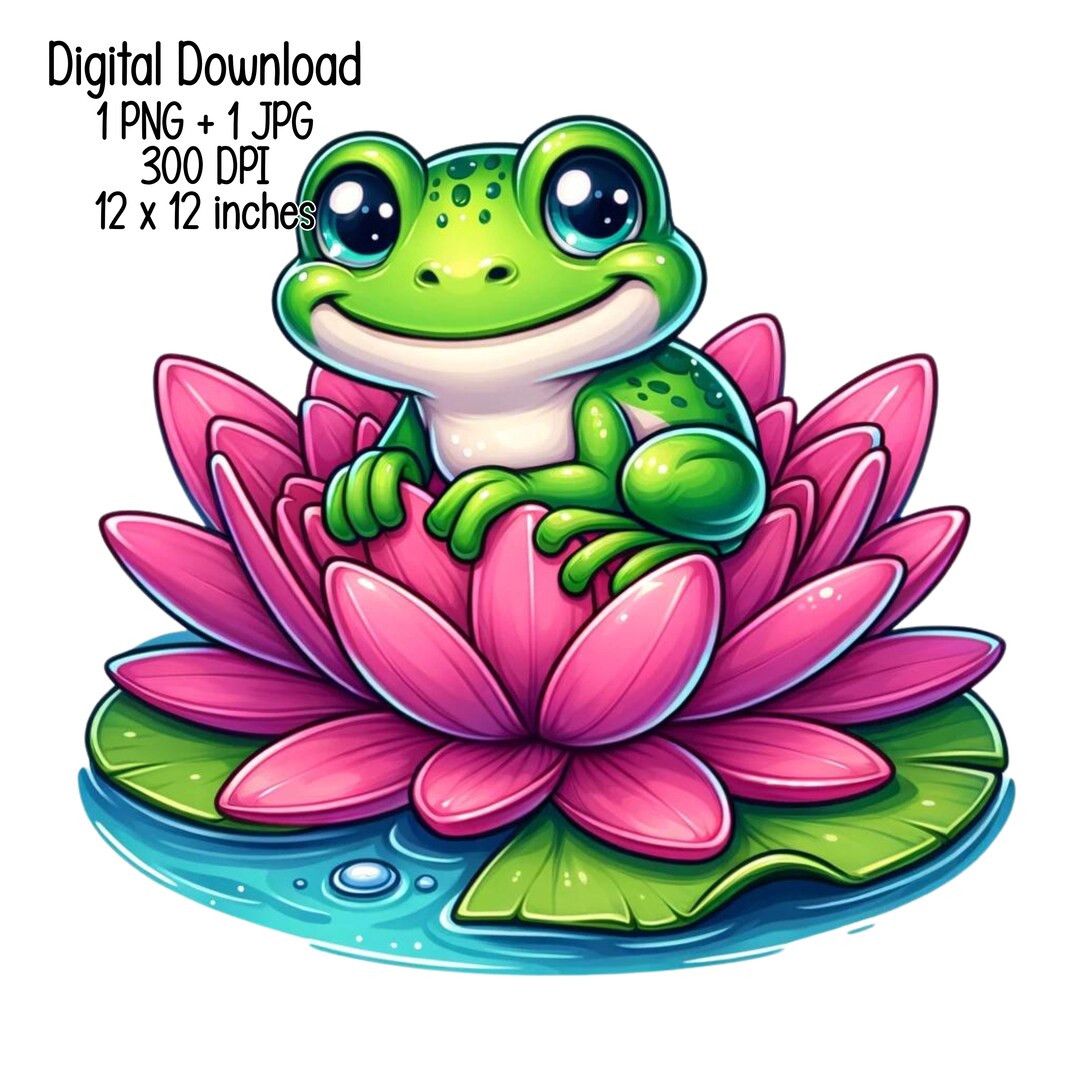 Cute Frog in the Pond on Pink Water Lily Digital Download Illustration ...