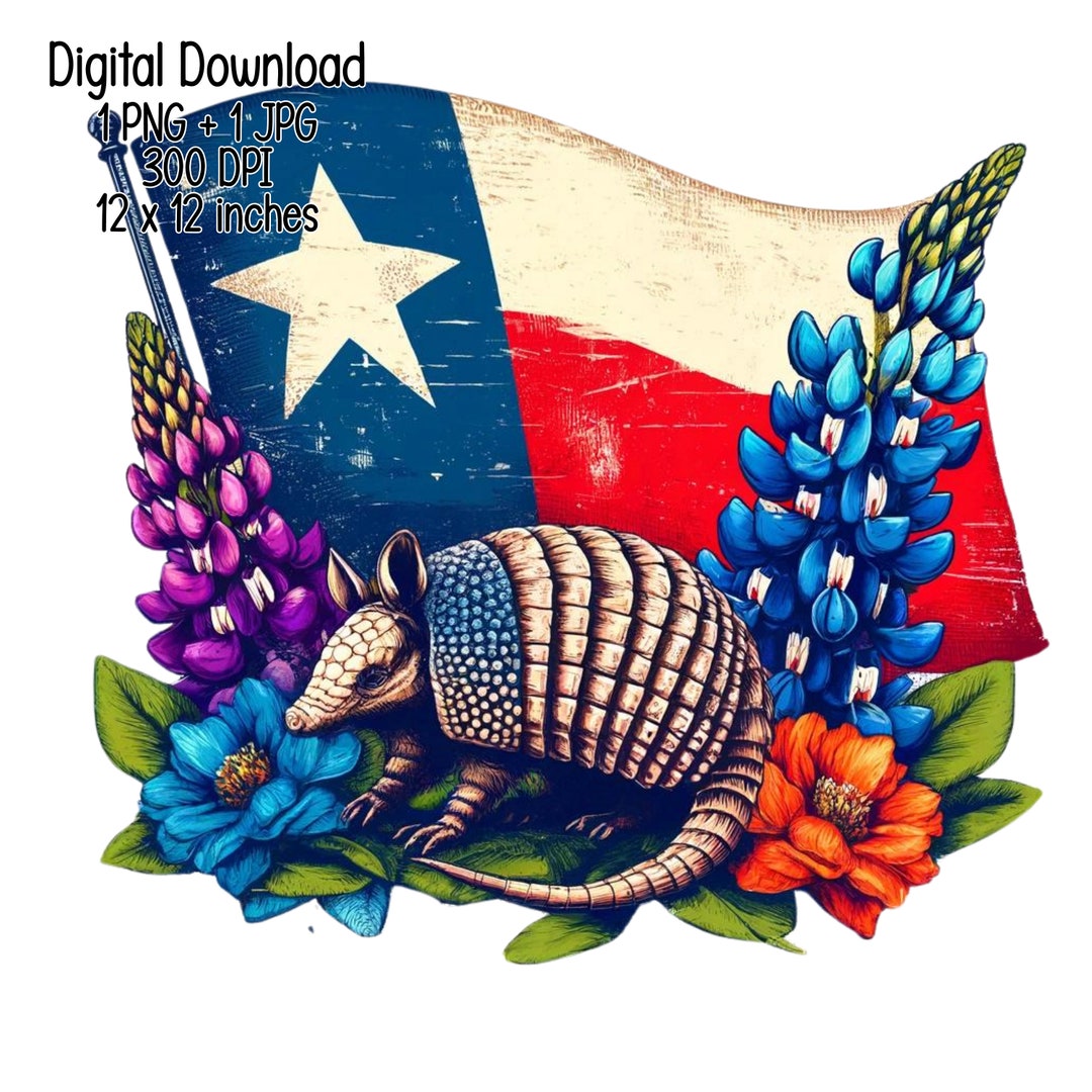 Texas Flag Armadillo and Bluebonnet Illustration | Digital Download ...