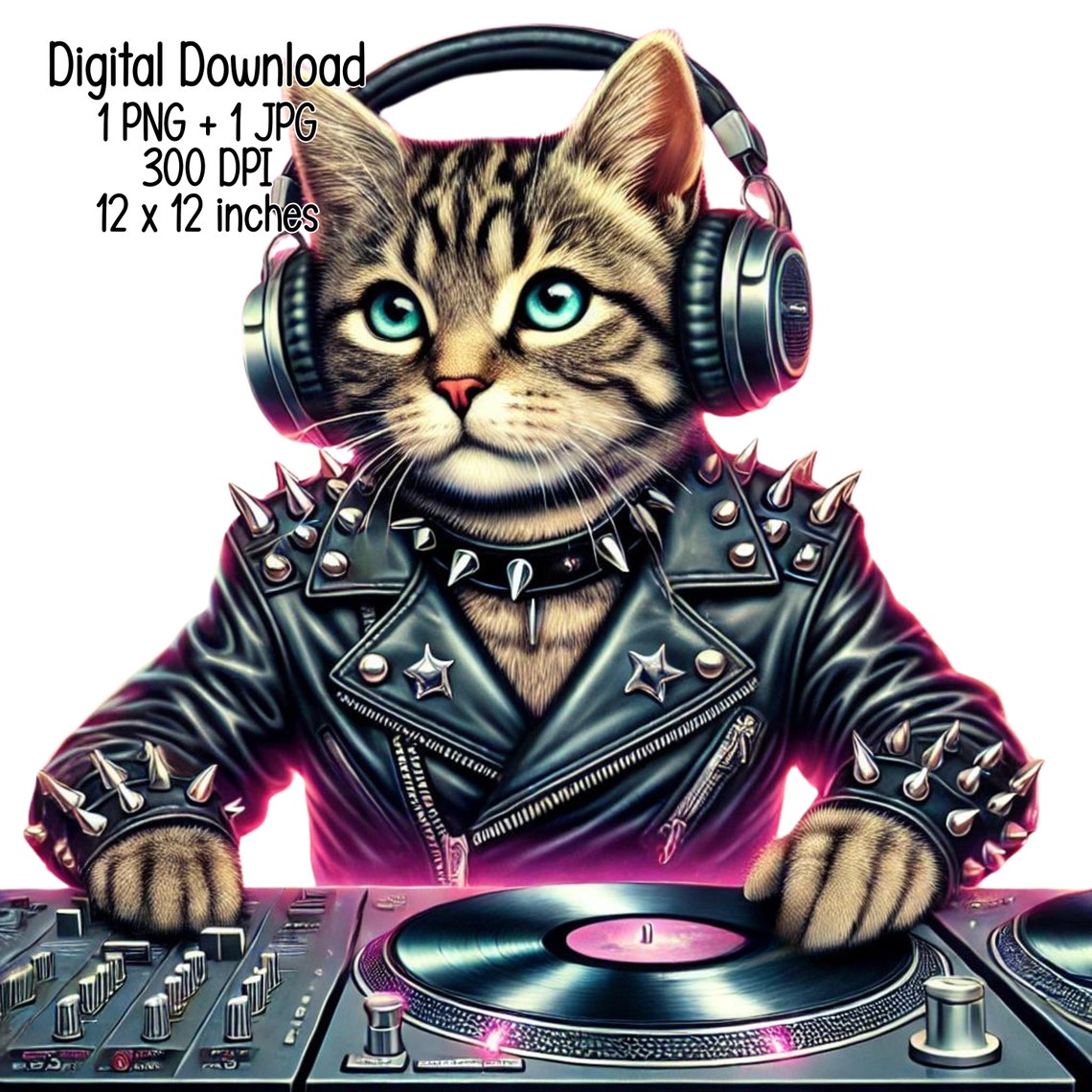 Cool Cat DJ Clipart Spike Paw in Leather Jacket, Digital Download, JPG ...