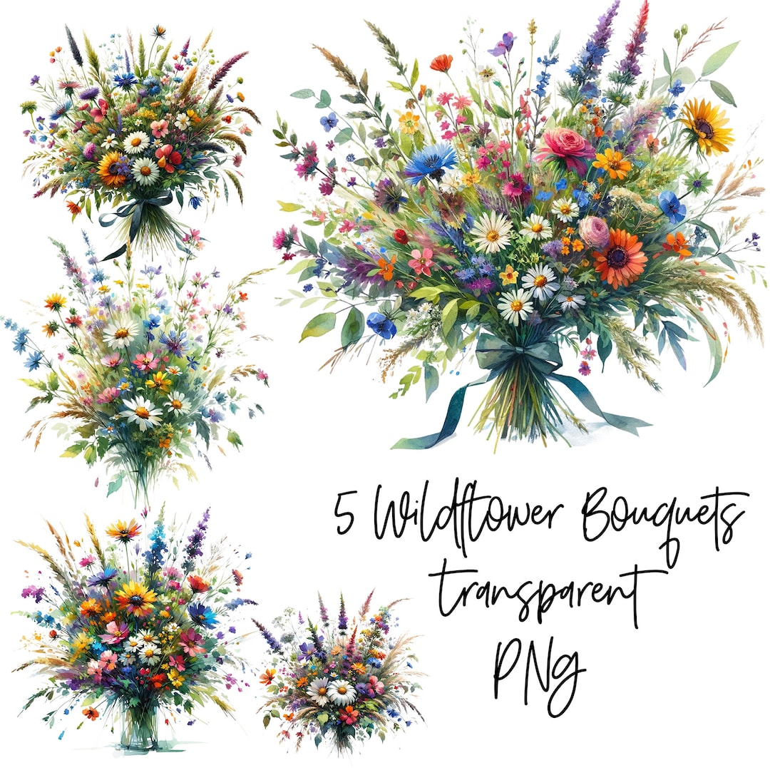 5 PNG Wildflower Bouquets Part 2 Transparent Watercolor Clipart Digital ...
