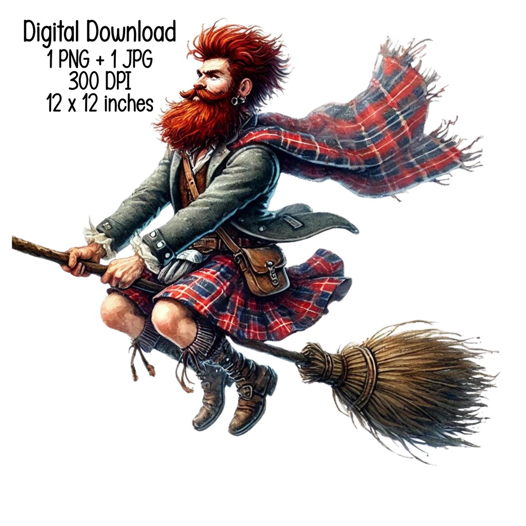 Magical Scottish Man in Kilt on a Broomstick - Watercolor Clipart ...