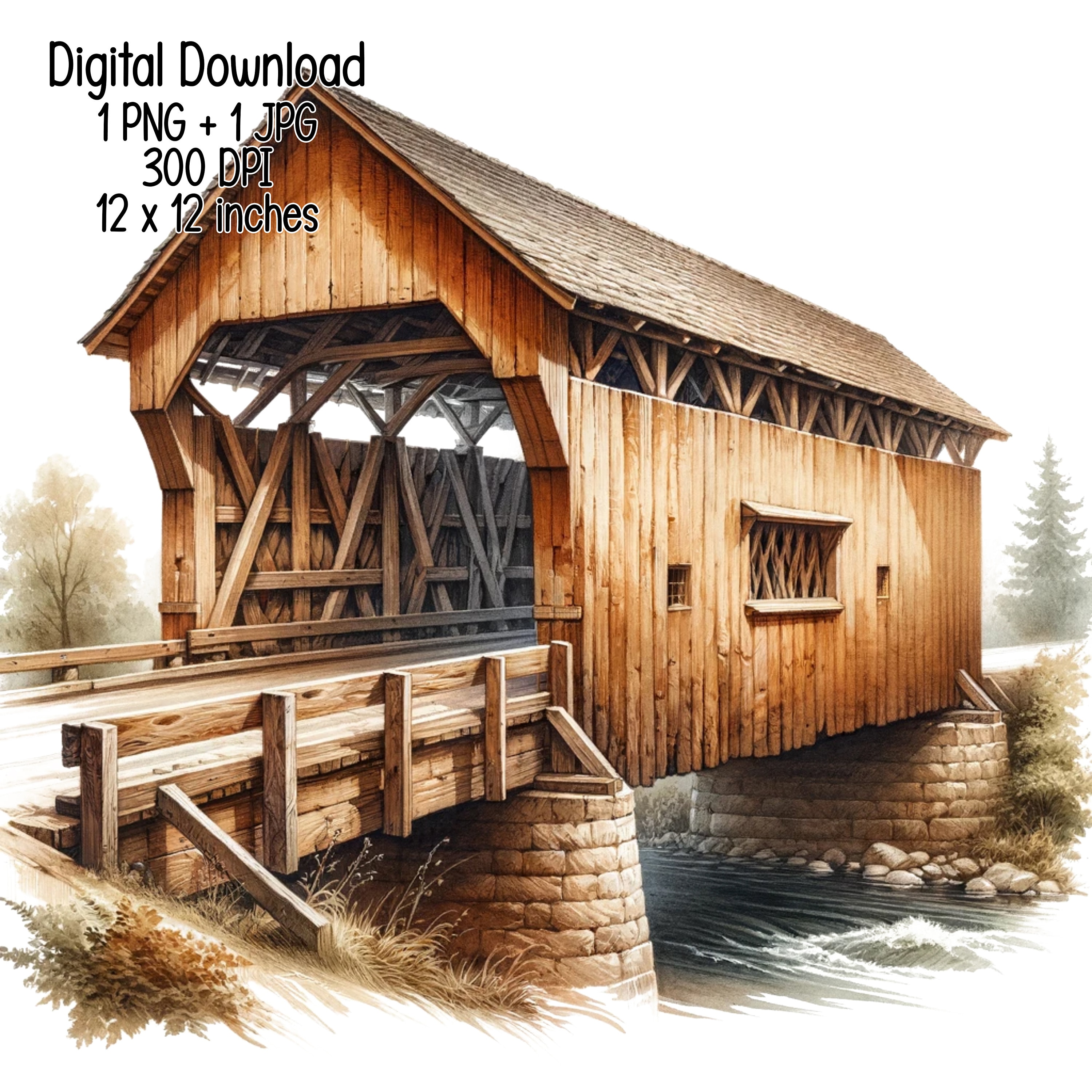 Old Historic Wooden Covered Bridge Watercolor Clipart Commercial Use ...