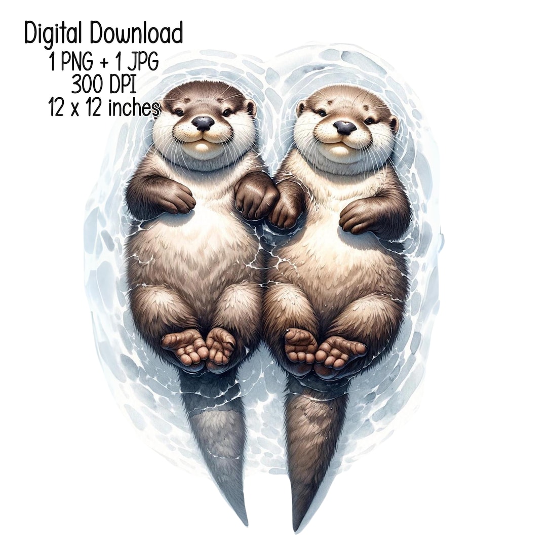 Two Otters Holding Hands Digital Download Cute Otter Illustration Clipart Commercial Use ...