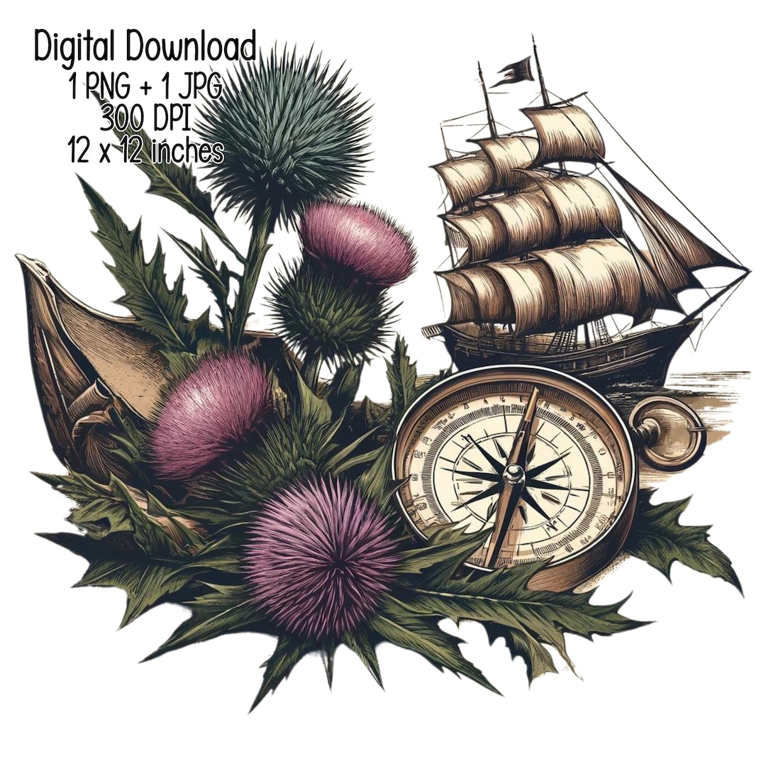 Scottish Thistle Compass Ship Illustration | Digital Download | Clipart ...