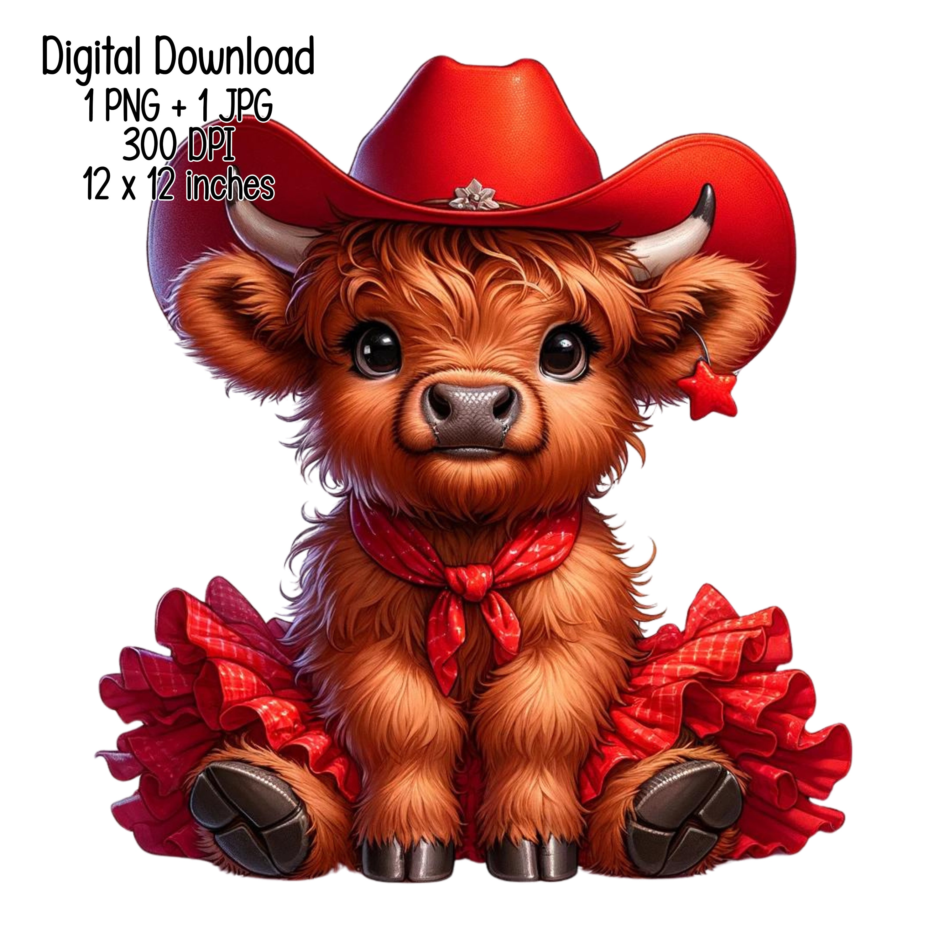 Cute Adorable Baby Highland Cow Red Tutu and Texas Hat Clipart ...