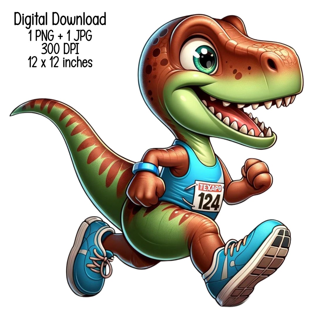 Cartoonish Dinosaur Marathon Runner Illustration| Digital Download ...