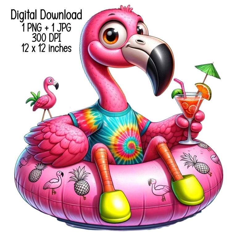 2 Cute Flamingo on Pink Swimming Circle Summer Vacation Illustration ...