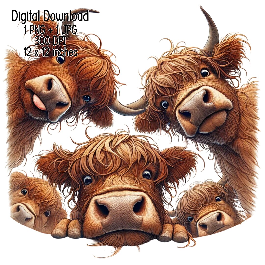 2 Funny Peeking Highland Cows Besties Illustration | Digital Download ...