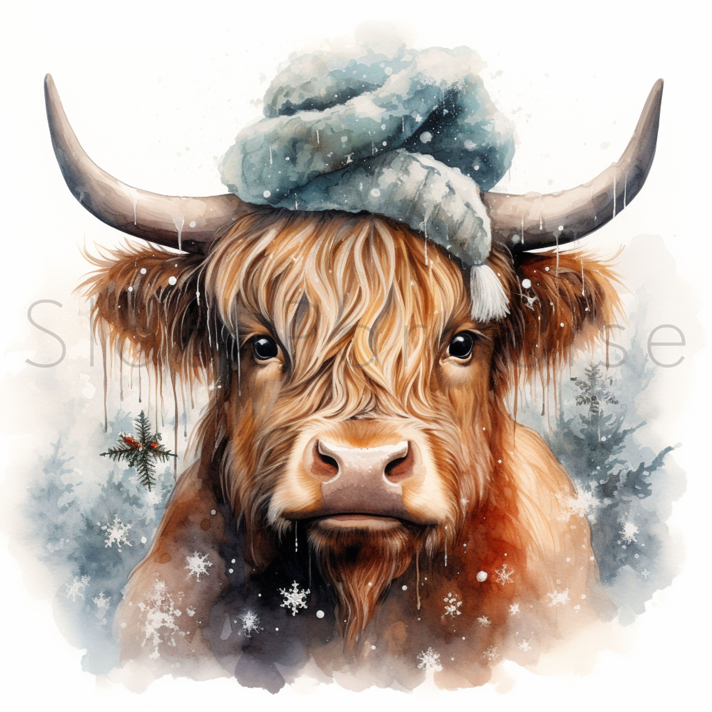 18 JPG Christmas Highland Cow Watercolor Clipart Digital Download ...