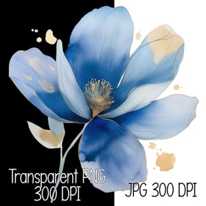 2 Abstract Flowers Clipart, Blue Gold Flower, Flowers Print, Printable ...