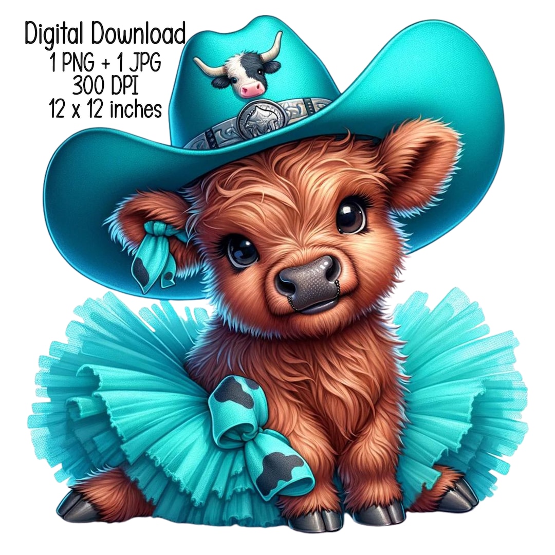 Cute Adorable Baby Highland Cow Turquoise Texas Hat Clipart Commercial ...