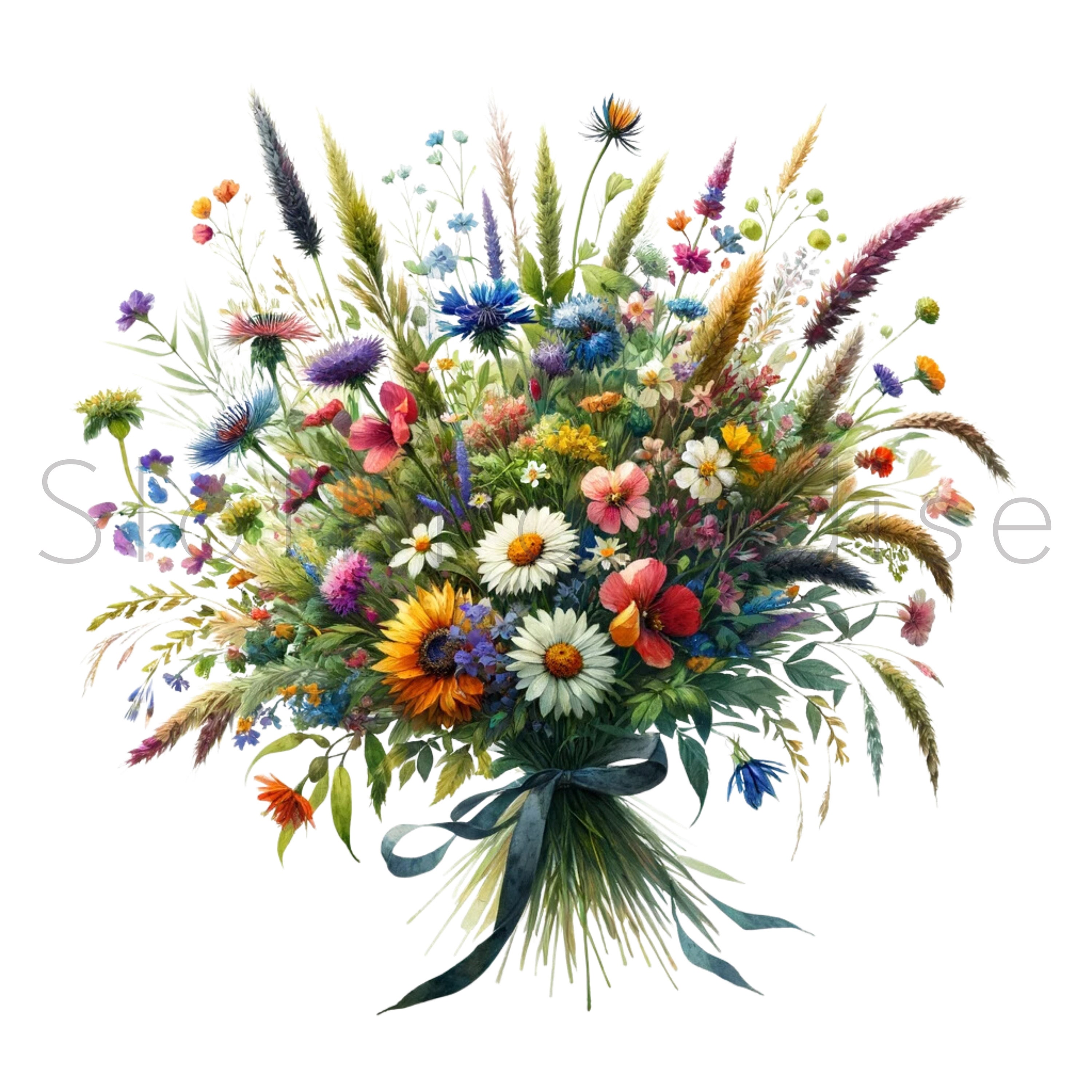 5 PNG Wildflower Bouquets Part 2 Transparent Watercolor Clipart Digital ...