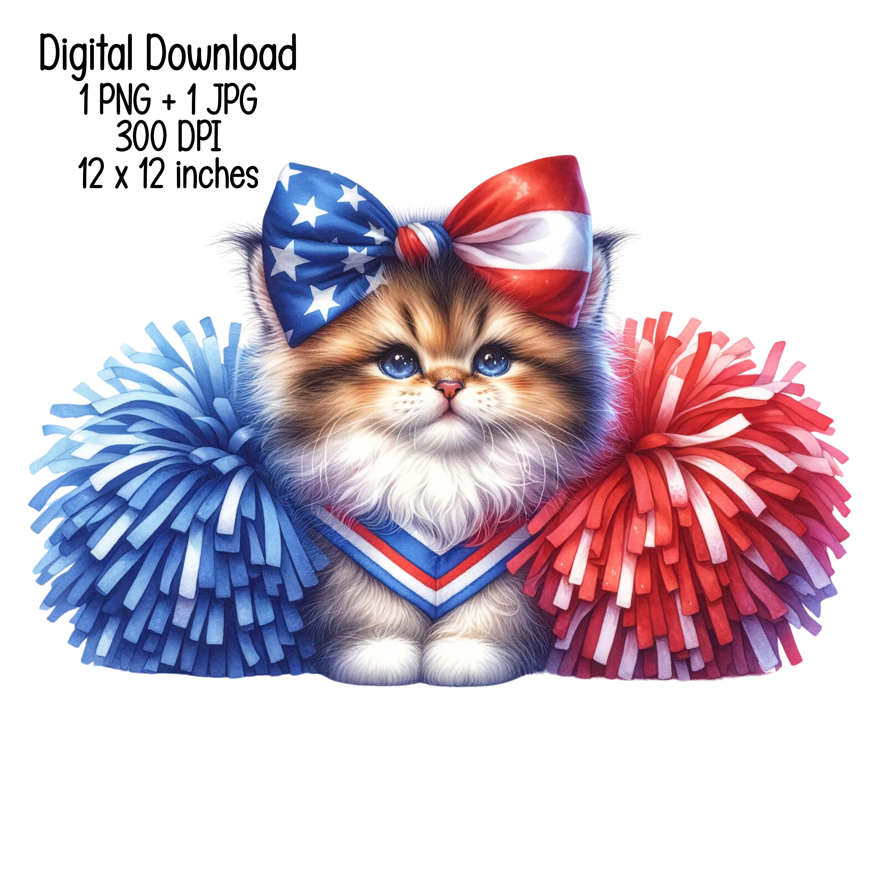 Cheer USA Flag Cute Kitten With Pom Poms Watercolor Clipart Commercial ...