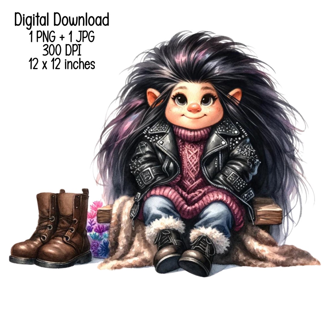 Cute Elf Biker Girl Cozy, Long Hair Watercolor Clipart Commercial Use ...