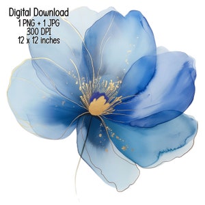 2 Abstract Flowers Clipart, Blue Gold Flower, Flowers Print, Printable ...