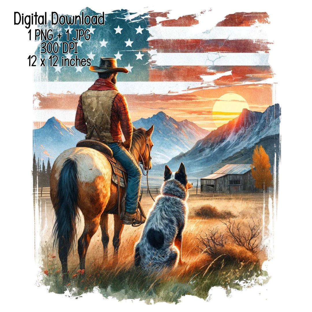 Cowboy Cattle Dog American Flag Mountains Watercolor Clipart Commercial ...