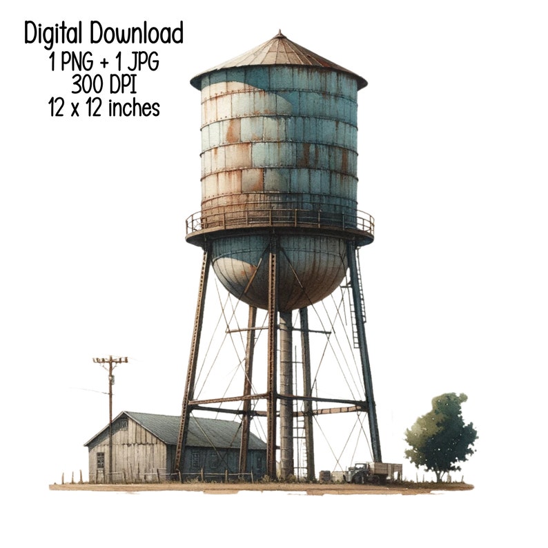 Rustic Water Tower, Rural America Watercolor Clipart Commercial Use ...