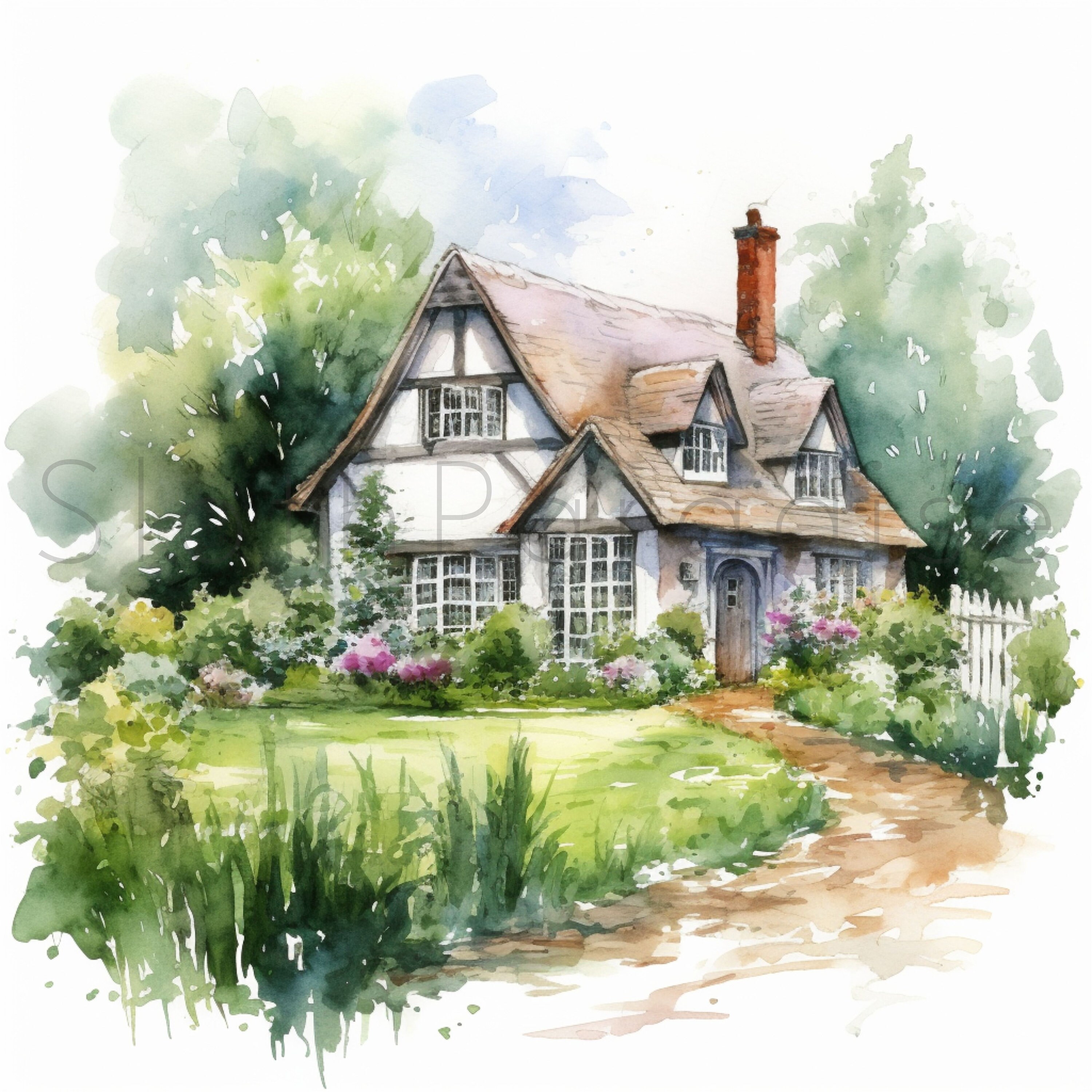 10 JPG English Cottages With Flowers Watercolor Clipart Digital ...