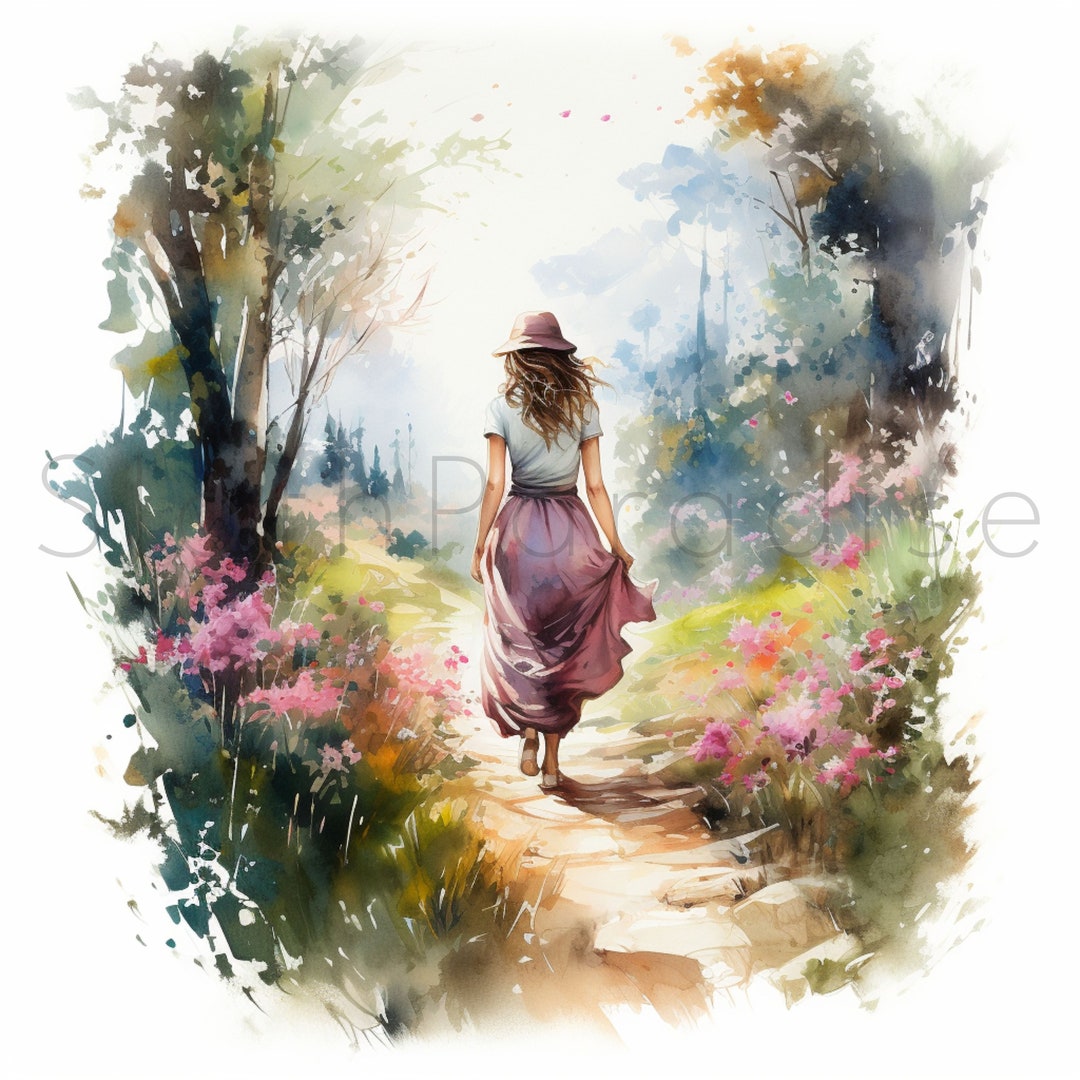20 JPG Woman Walking Forest Path Watercolor Digital Download Commercial ...
