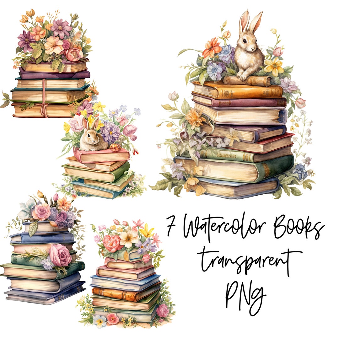 7 PNG Books Transparent Watercolor Clipart Digital Download Commercial ...