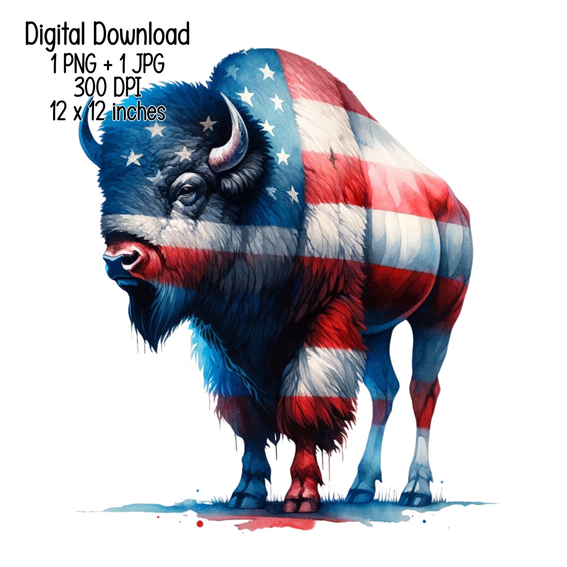 American Flag Bison, Buffalo Art Watercolor Clipart Commercial Use ...