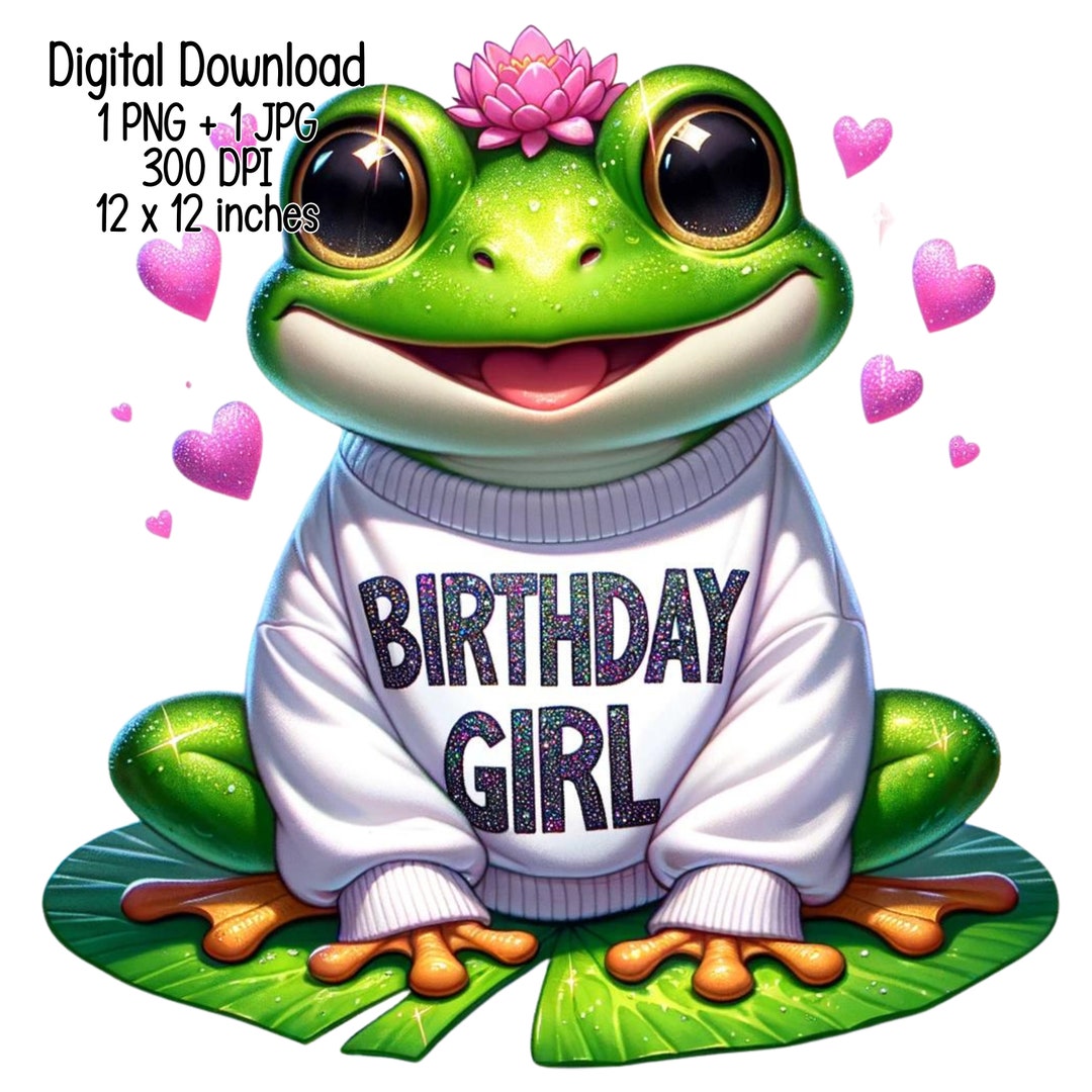 Cute Frog Birthday Girl in Pond Digital Download Birthday Illustration ...