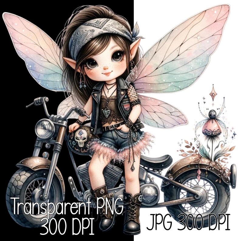 2 Biker Fairy With Bike Watercolor Clipart Whimsical Drawing Commercial ...