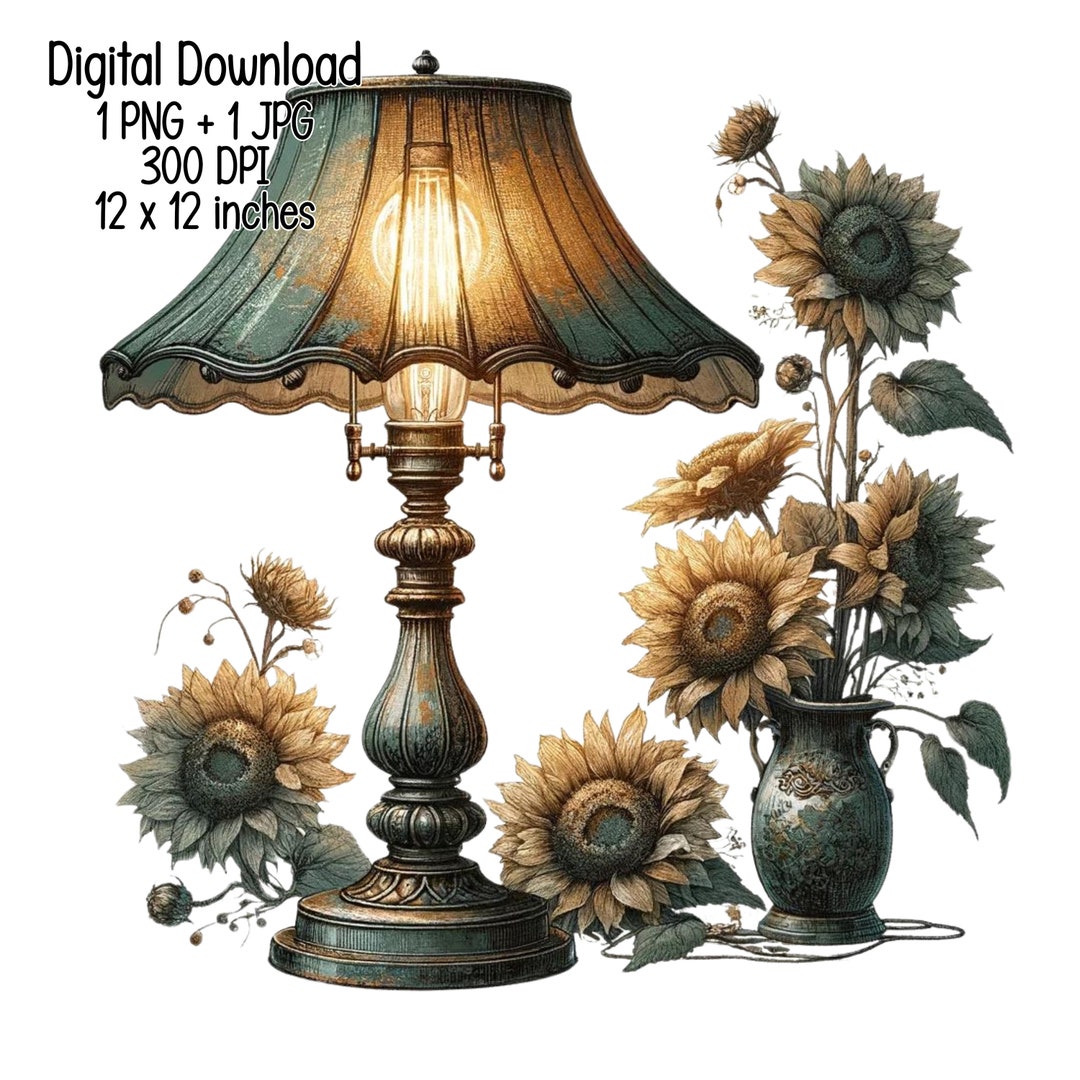 Vintage Lamp With Sunflowers Clipart Illustration Commercial Use ...