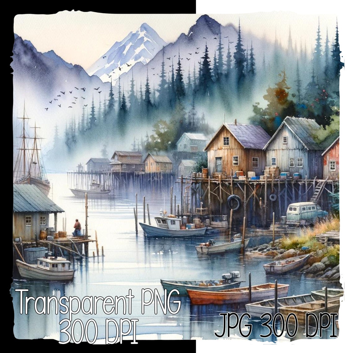 Rustic Alaskan Fishing Village Watercolor Illustration Landscape Lake ...