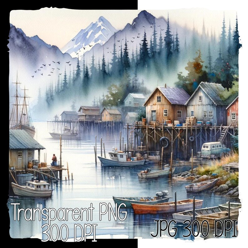 Rustic Alaskan Fishing Village Watercolor Illustration Landscape Lake ...