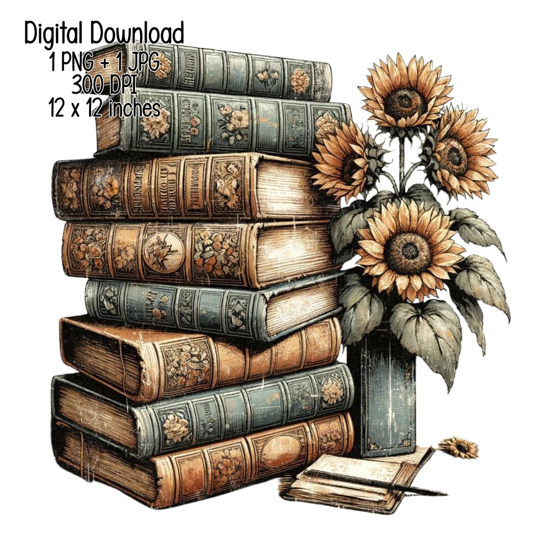 Vintage Book Stack With Sunflowers Clipart Illustration Antique ...