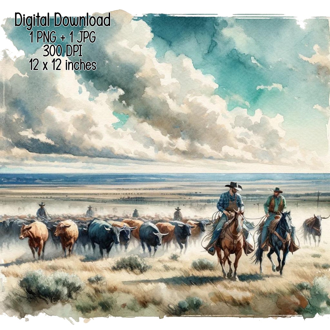 Texas Cattle Drive Cowboys Herding Livestock Watercolor Illustrations ...