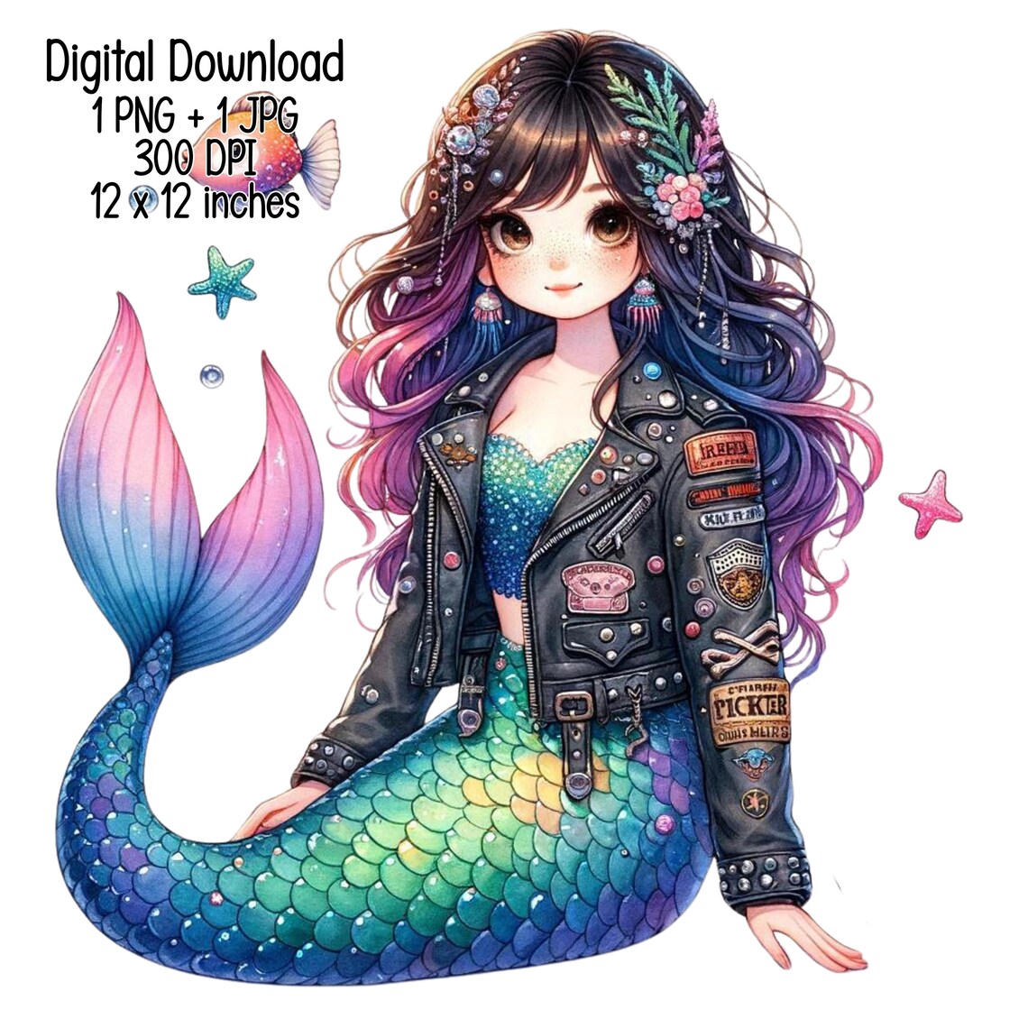 Cool Mermaid Biker, Girl Theme Watercolor Clipart Commercial Use ...