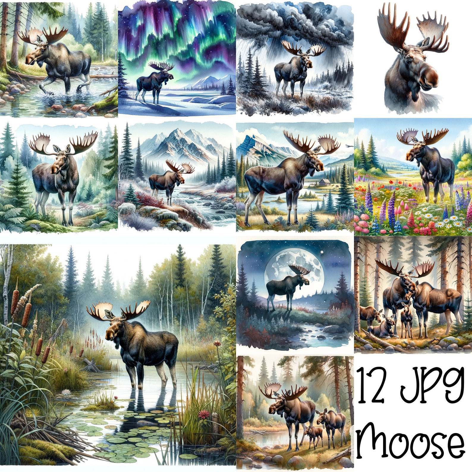12 JPG Moose Watercolor Digital Download Commercial Use Forest ...