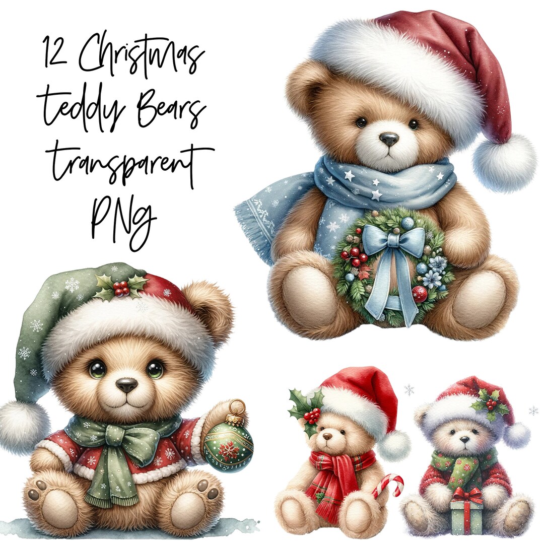 12 PNG Christmas Teddy Bear Transparent Watercolor Clipart Digital ...