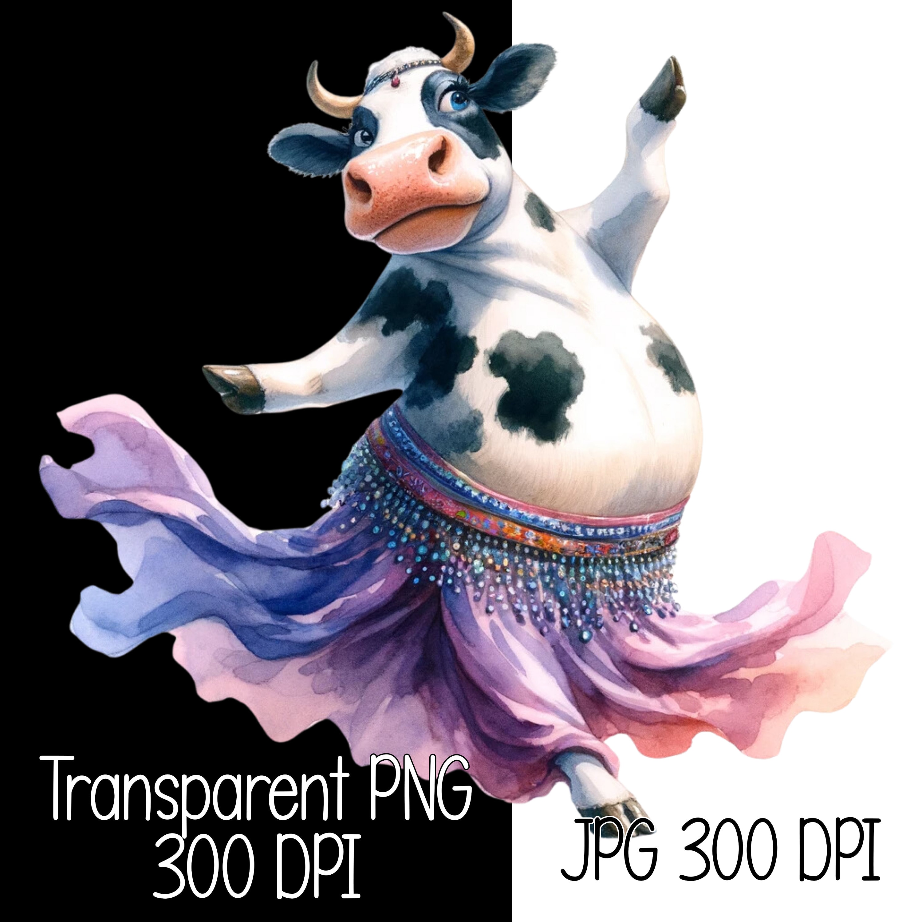 Belly Dancer Cow Humorous Watercolor Clipart Commercial Use Sublimation ...