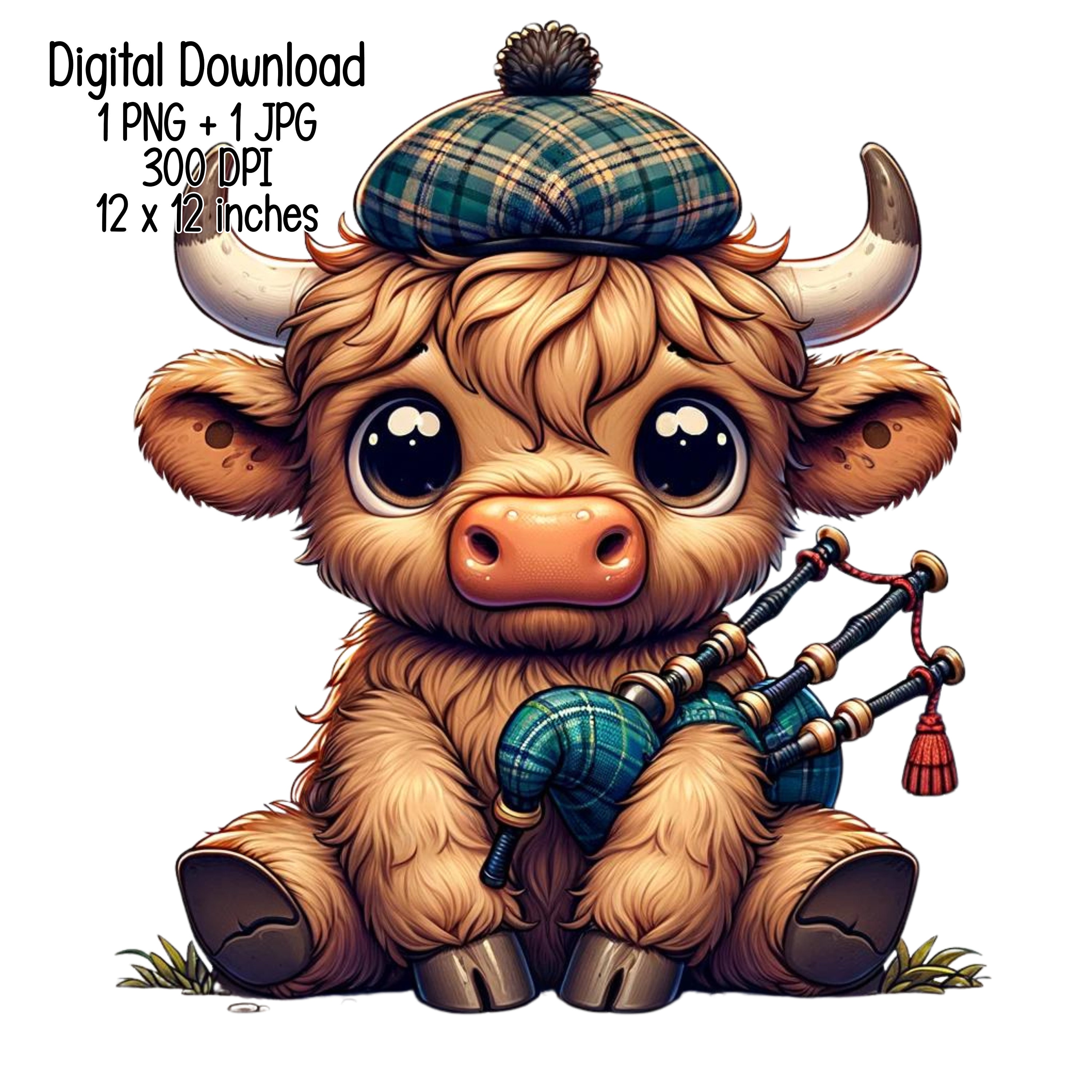 Highland Cow Bagpipe in Scottish Kilt Clipart Commercial Use ...
